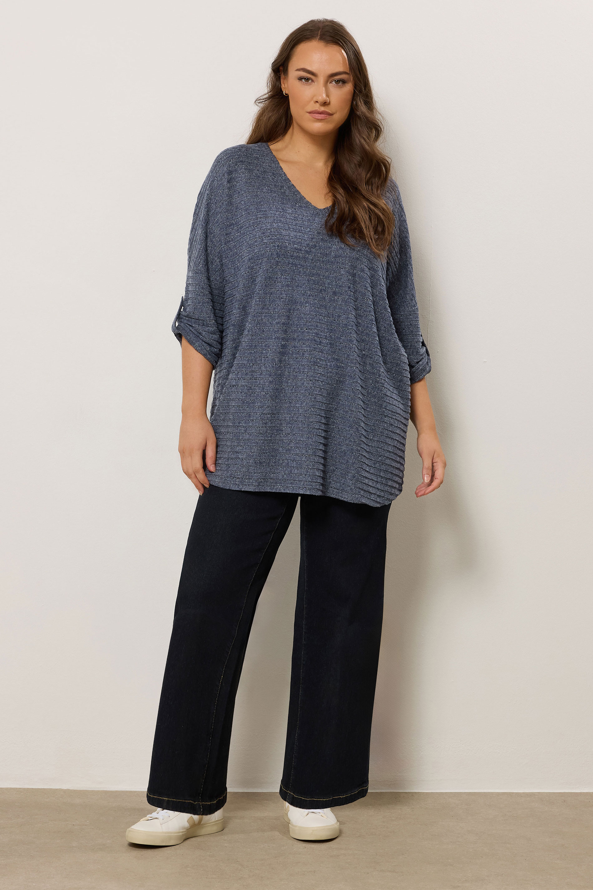 EVANS Plus Size Blue Tab Sleeve Ribbed Jumper | Evans