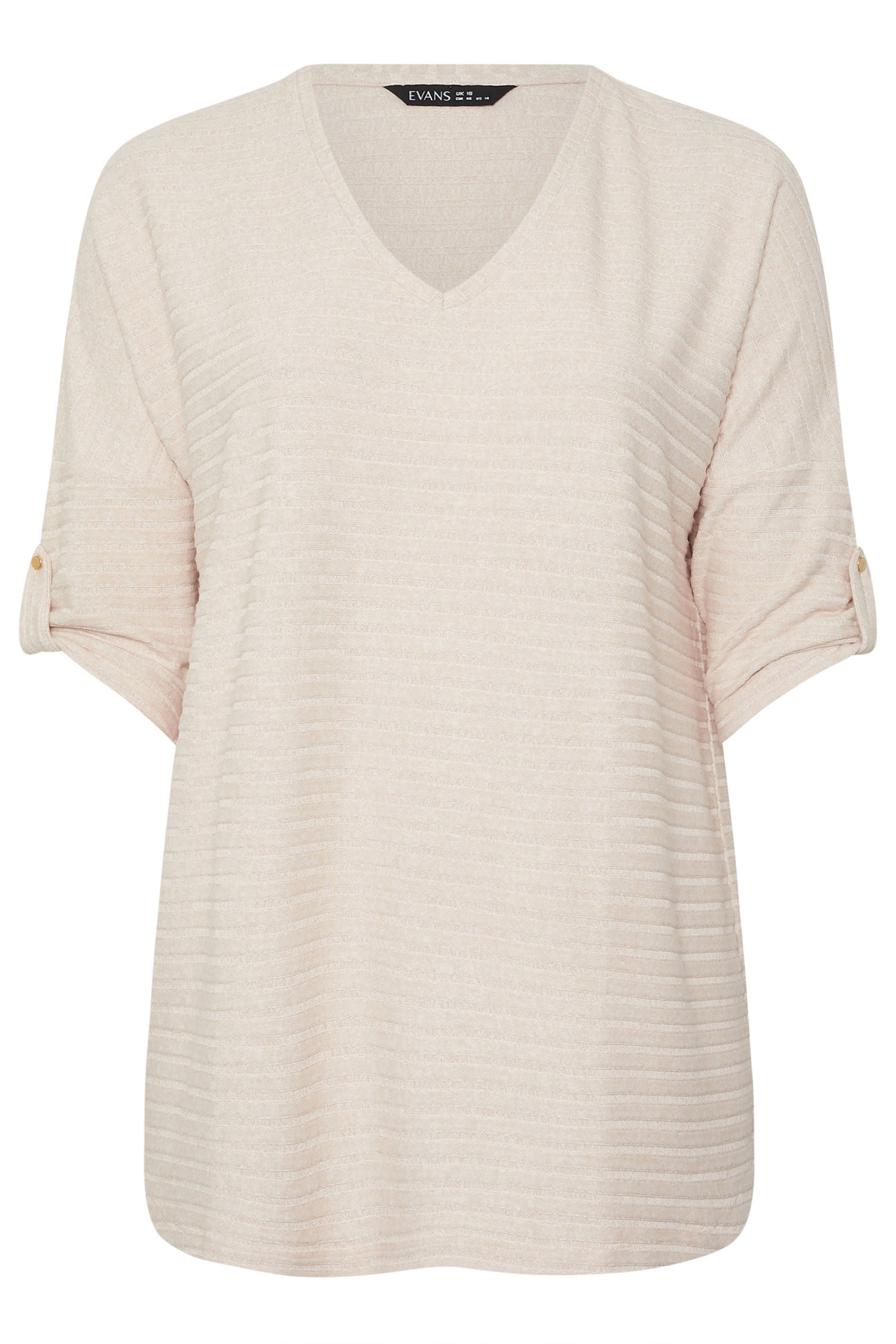 EVANS Plus Size Cream Tab Sleeve Ribbed Jumper | Evans