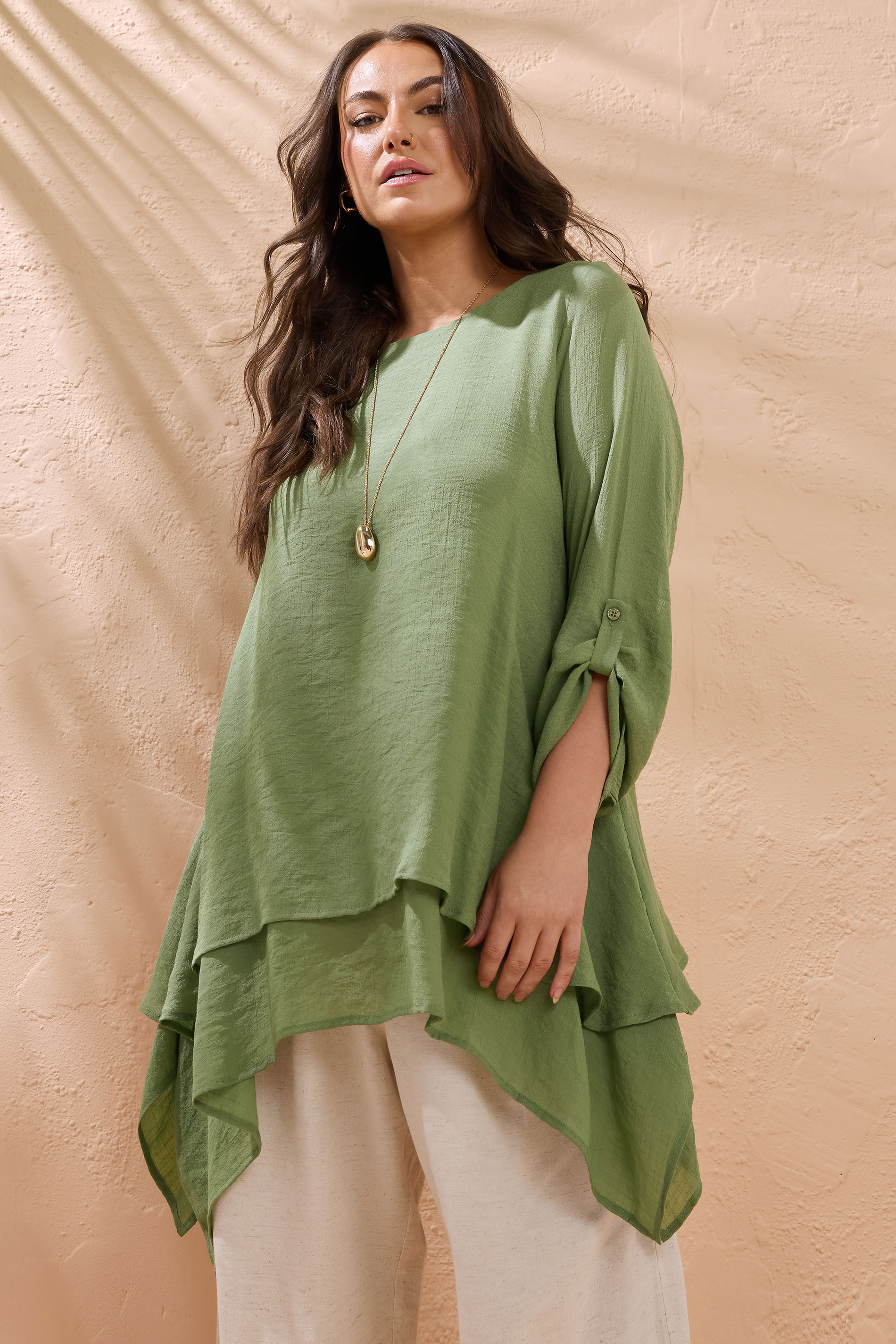 EVANS Plus Size Khaki Green Double Layer Longline Blouse | Evans