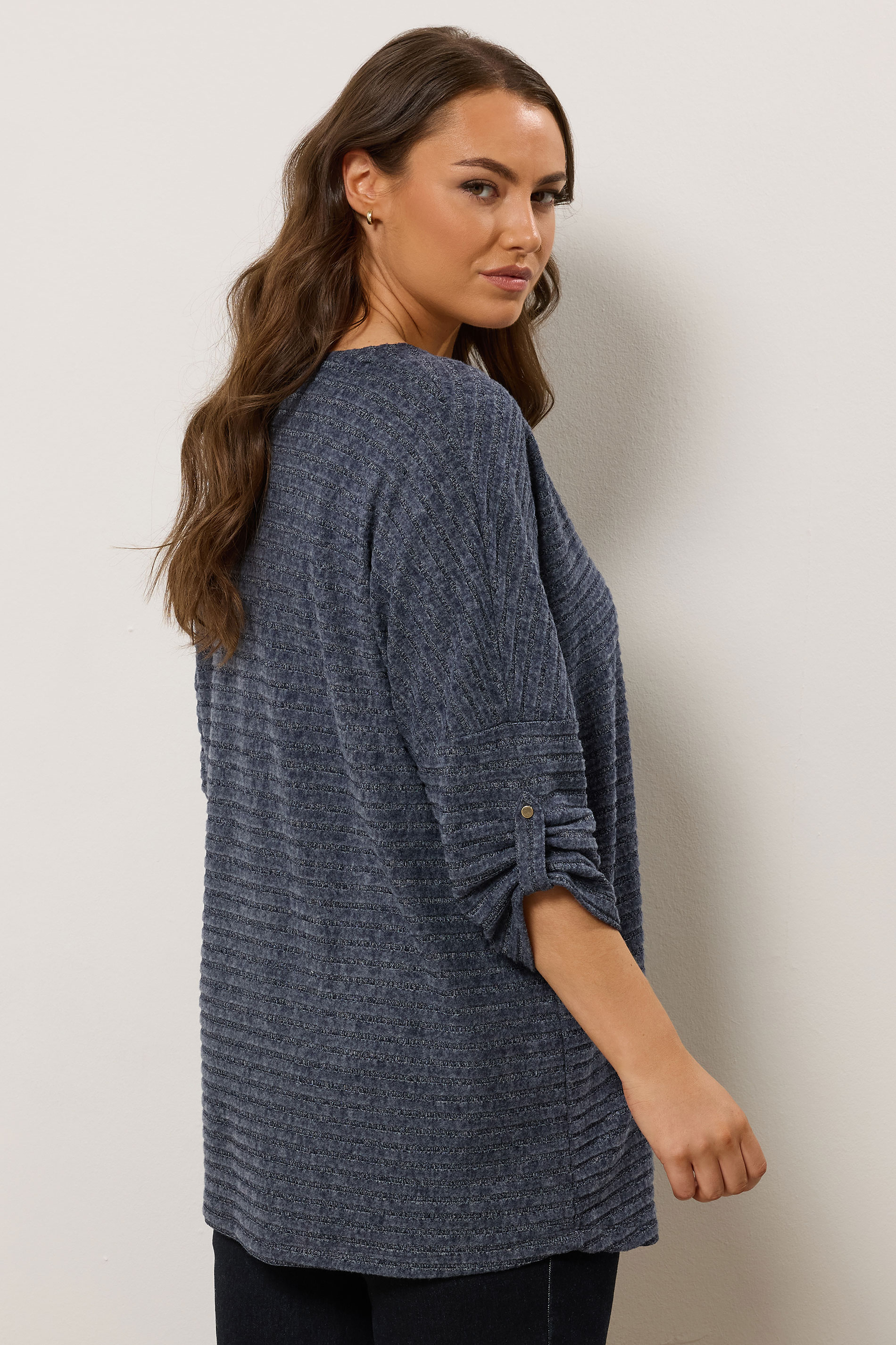 EVANS Plus Size Blue Tab Sleeve Ribbed Jumper | Evans