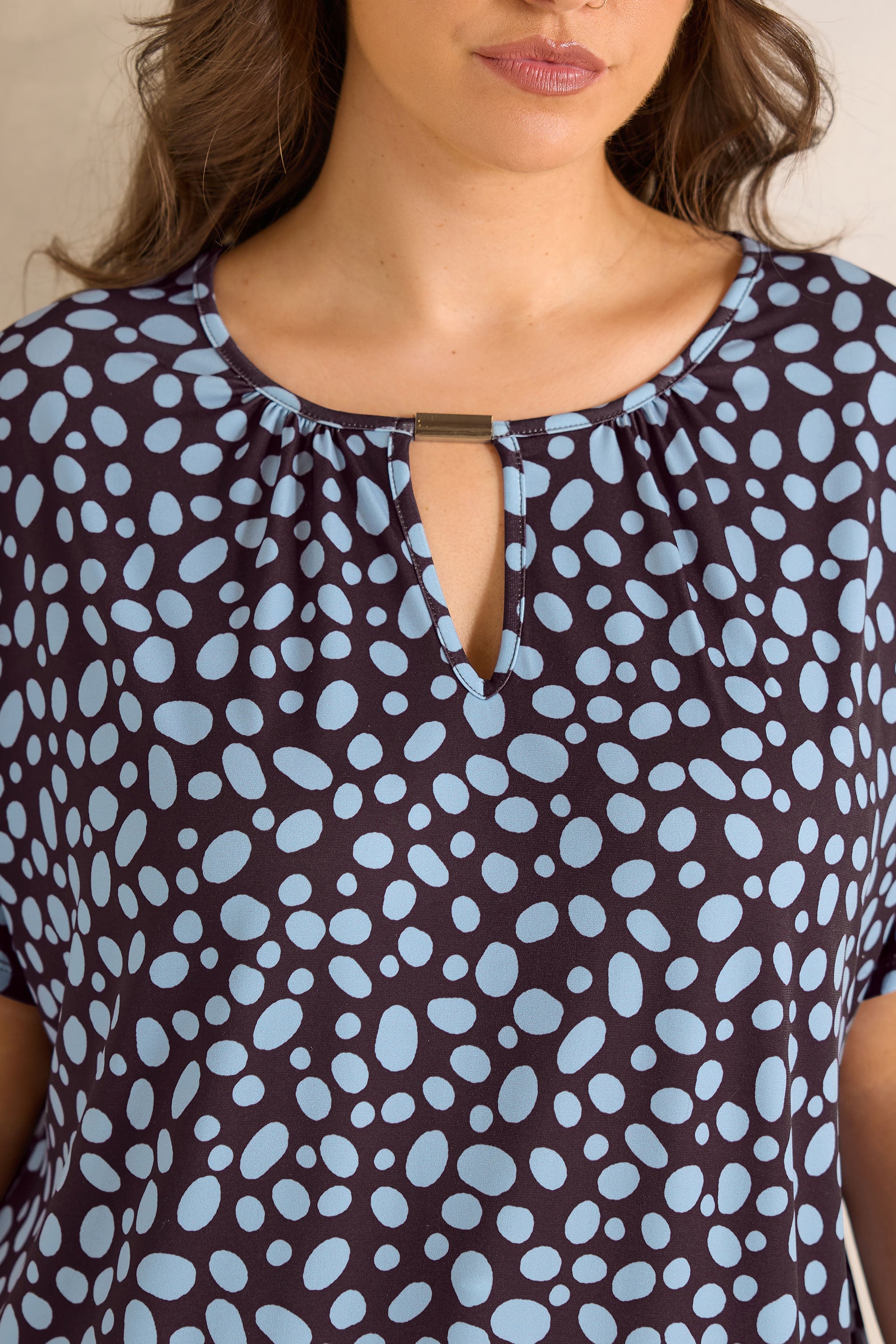 EVANS Plus Size Blue And Brown Polka Dot Print Bar Detail Top | Evans