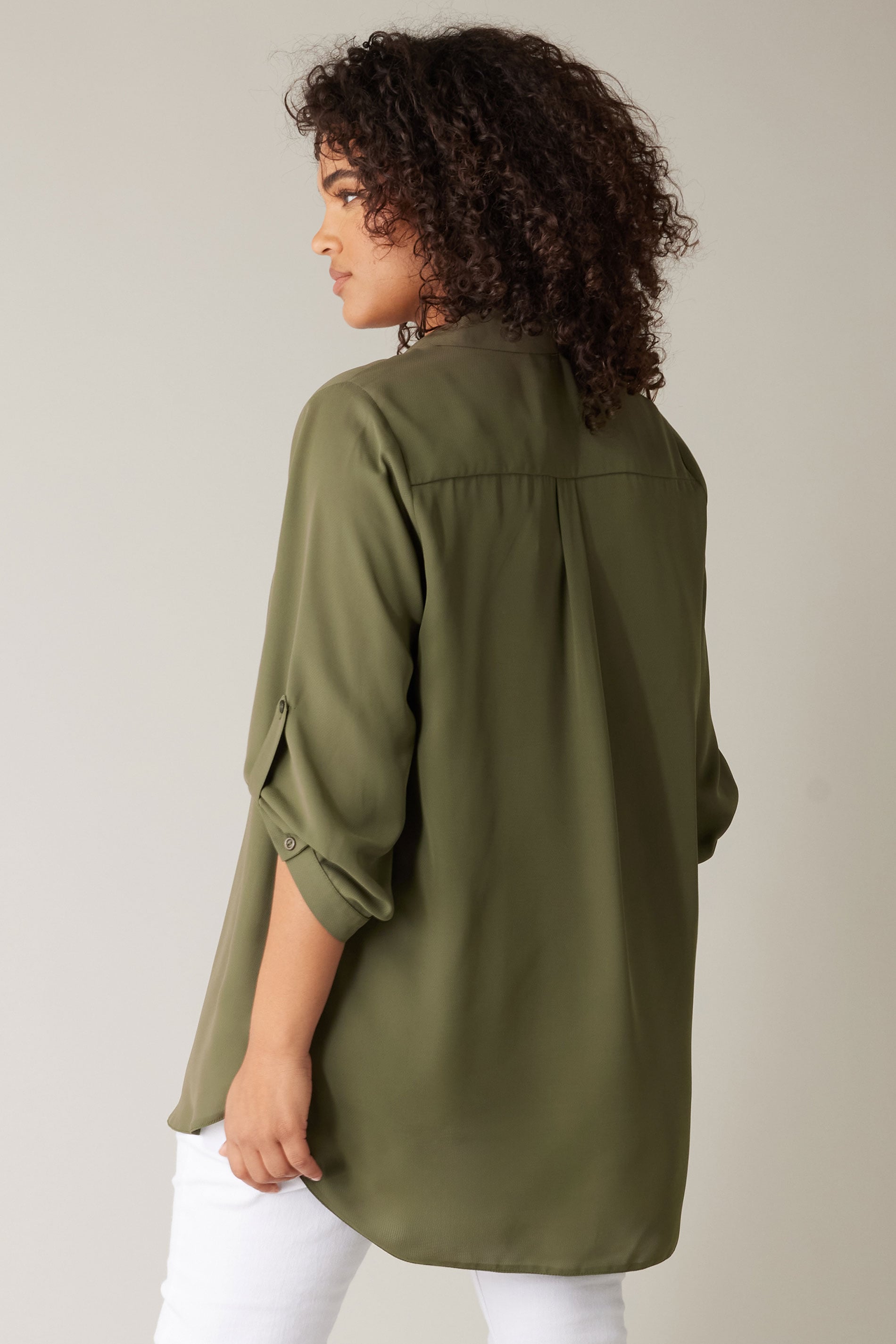 EVANS Plus Size Khaki Green Tab Sleeve Shirt | Evans