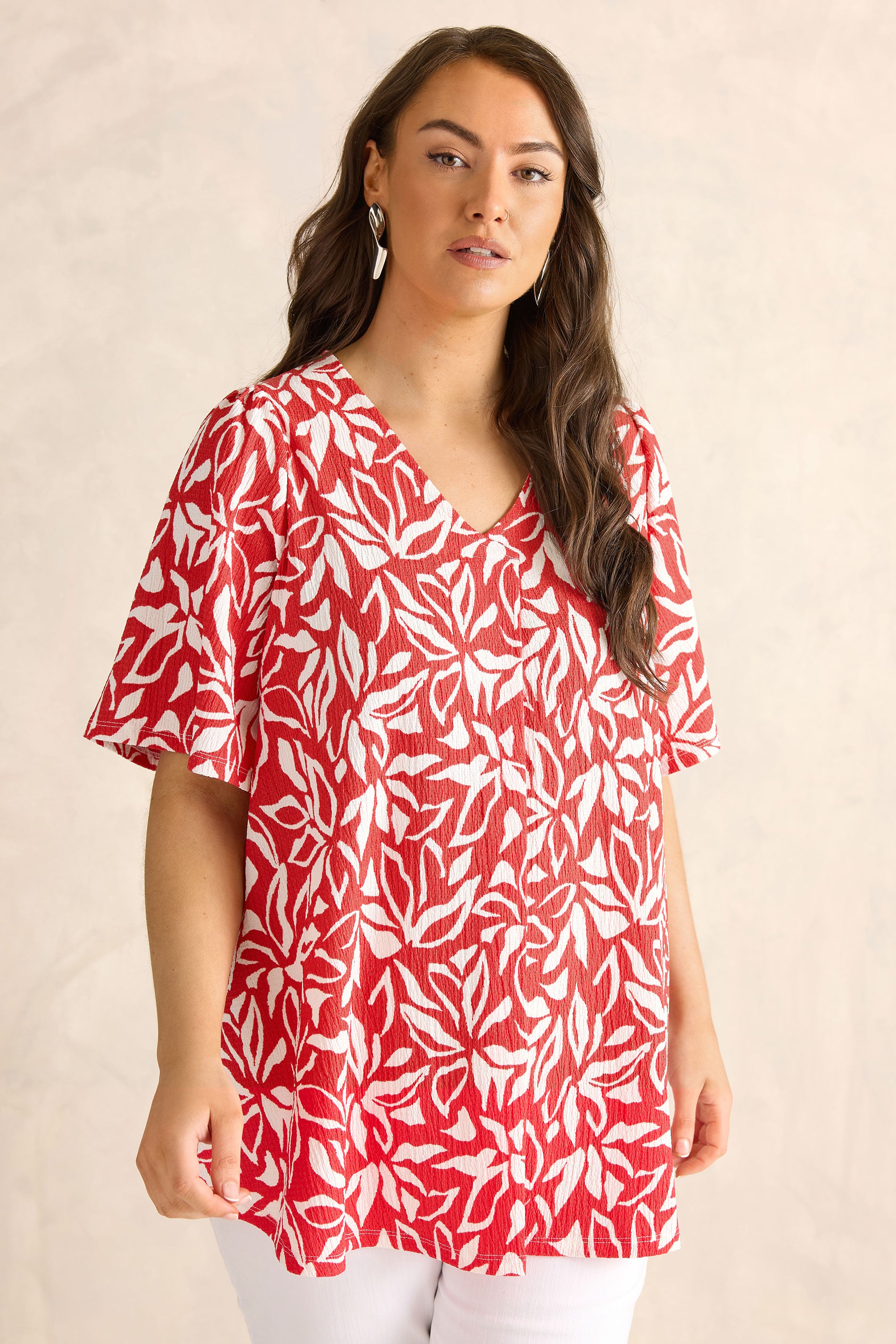 EVANS Plus Size Red Floral Pleat Front Angel Sleeve Top | Evans