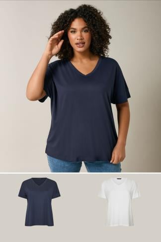 EVANS 2 PACK Plus Size Navy Blue & White V-Neck Modal Rich T-Shirts | Evans