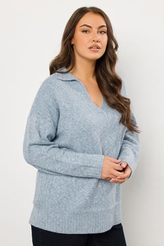 EVANS Plus Size Light Blue Collared Knitted Jumper | Evans