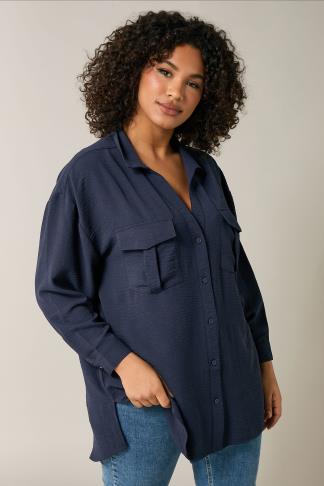 EVANS Plus Size Navy Blue Utility Pocket Shirt | Evans