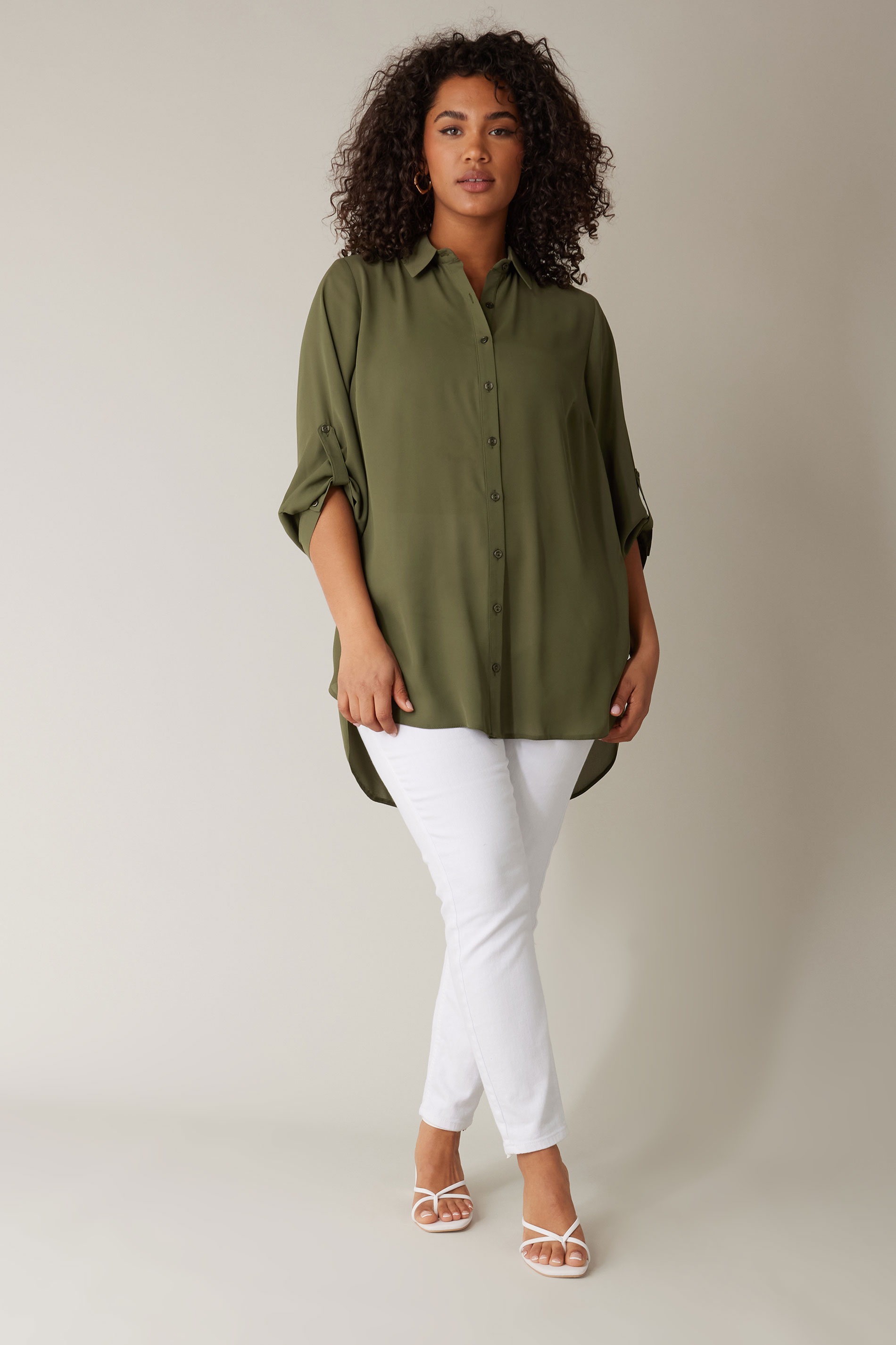 EVANS Plus Size Khaki Green Tab Sleeve Shirt | Evans
