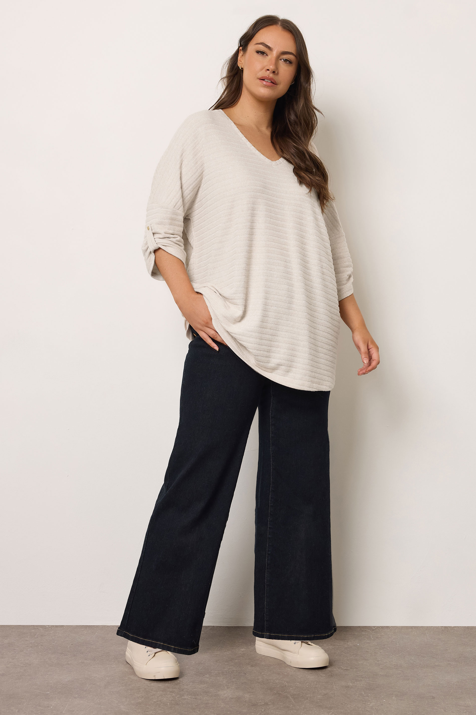 EVANS Plus Size Cream Tab Sleeve Ribbed Jumper | Evans