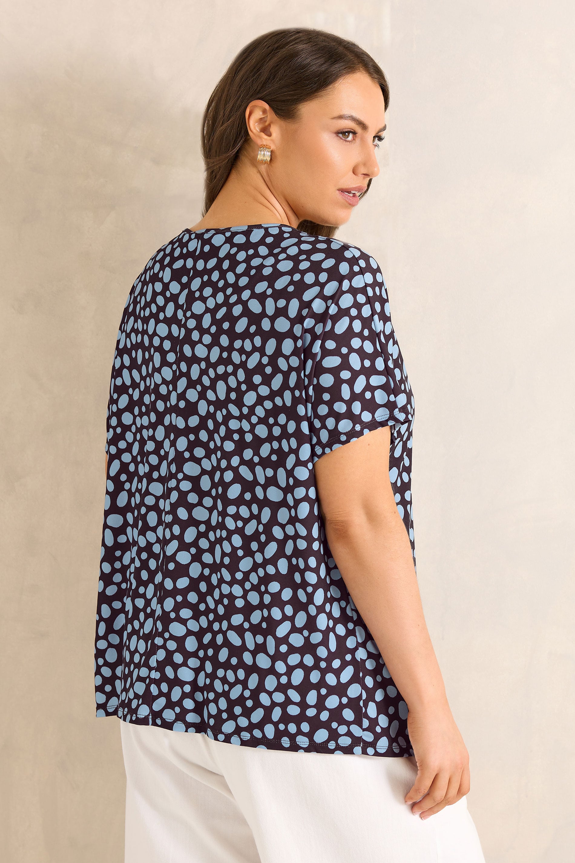 EVANS Plus Size Blue And Brown Polka Dot Print Bar Detail Top | Evans