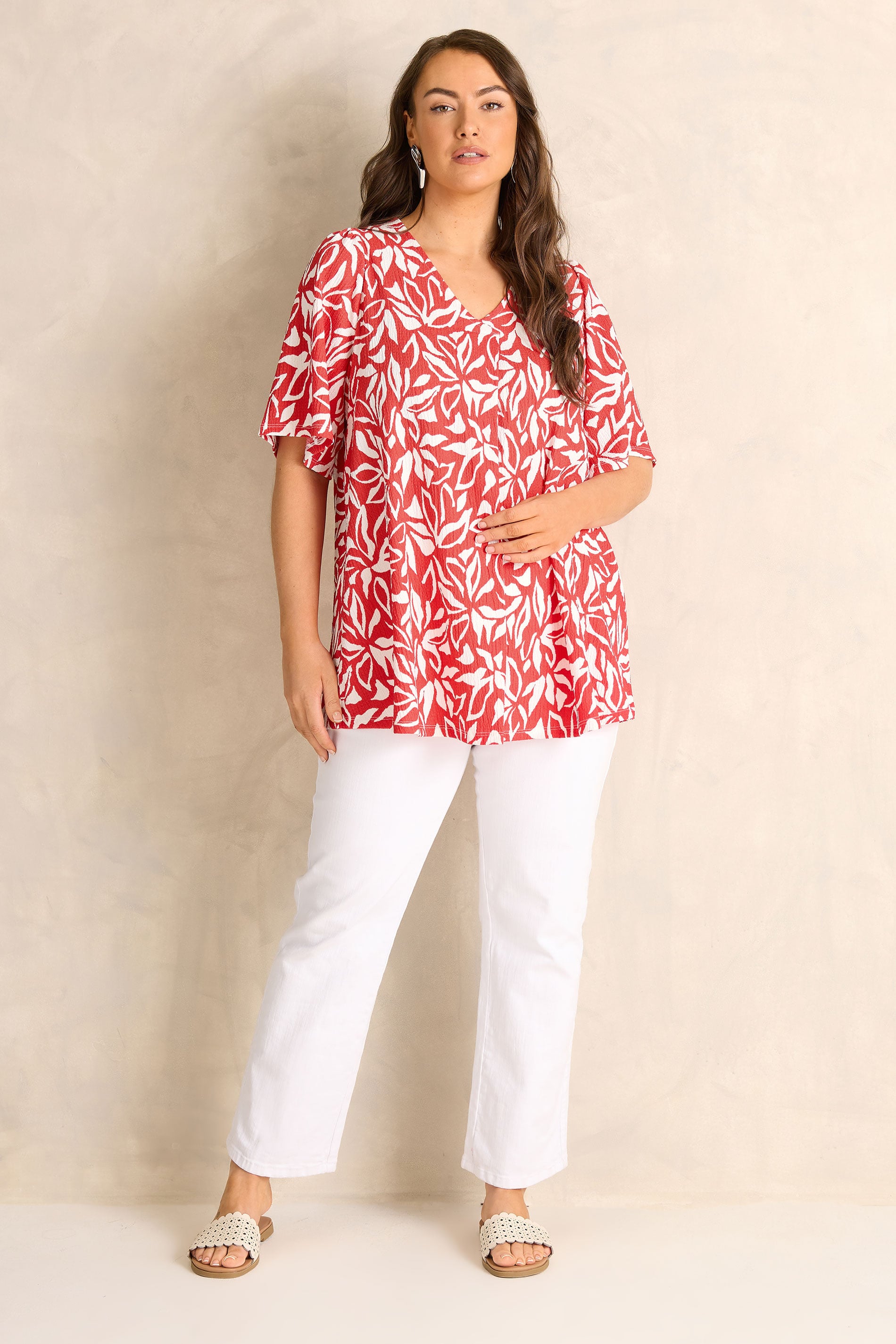 EVANS Plus Size Red Floral Pleat Front Angel Sleeve Top | Evans